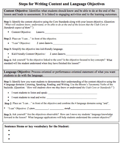 Content And Language Objectives Planning Template Edutechspot