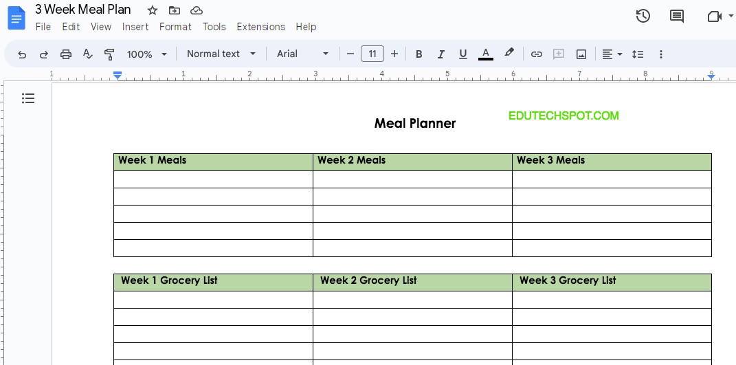 Google Docs Meal Planner - Edutechspot