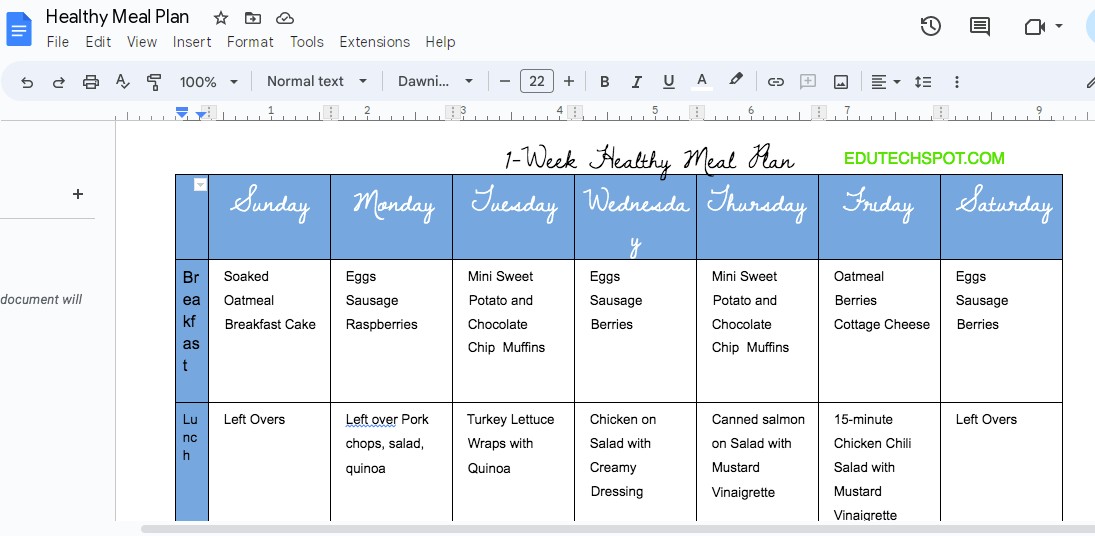Google Docs Meal Planner - Edutechspot